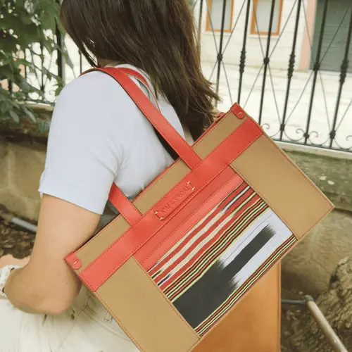 K'AI & VROSI Midi Leather & Canvas Tote Bag With Pockets - Red
