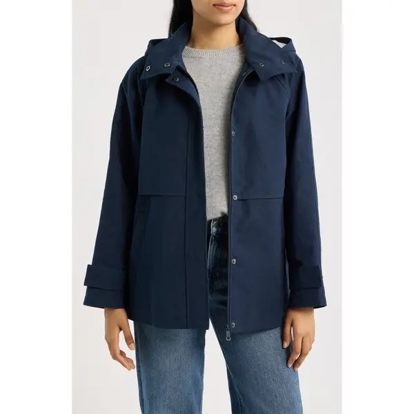 Bernardo Stand Collar Mid-length Raincoat - Navy