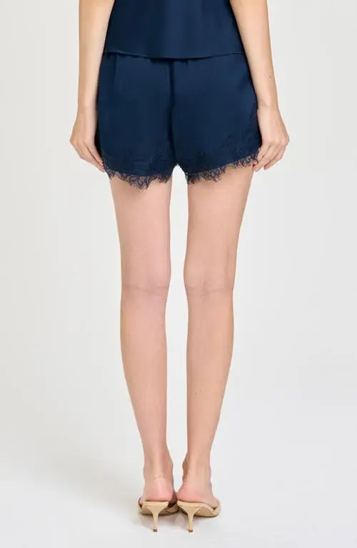 WAYF Elaine Lace Trim Matte Satin Shorts - Navy