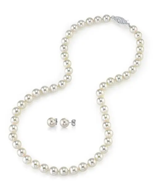 The Pearl Source Japanese Akoya Pearl Necklace And Stud Earrings Set - White Pearls