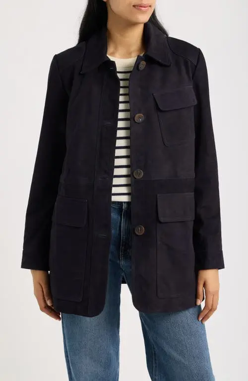 Bernardo Cinched Waist Leather Suede Jacket - Navy