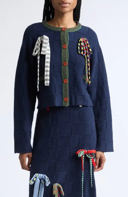 YANYAN Multicolored Bow Lambswool & Cotton Cardigan - Navy
