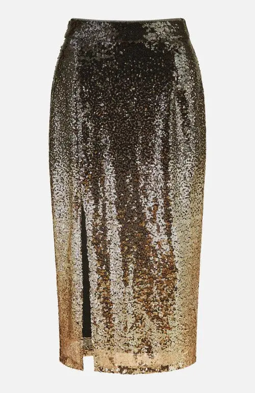 YUMI Sequin Split Fitted Midi Skirt - Black