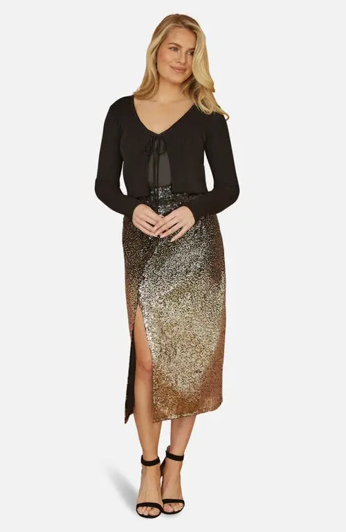 YUMI Sequin Split Fitted Midi Skirt - Black