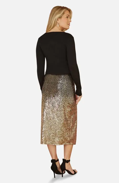 YUMI Sequin Split Fitted Midi Skirt - Black