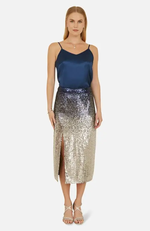 YUMI Sequin Split Fitted Midi Skirt - Navy