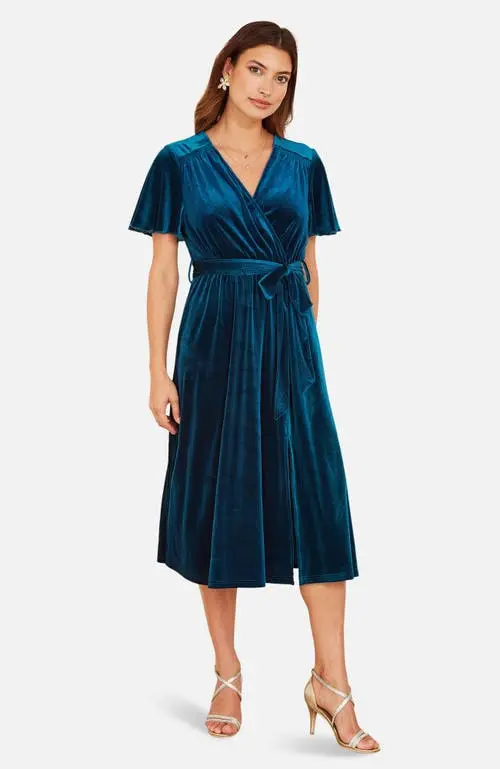 YUMI Velvet Split Hem Midi Dress - Teal