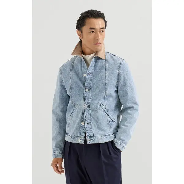 Brunello Cucinelli Denim Outerwear Jacket With Suede Collar - Light Denim