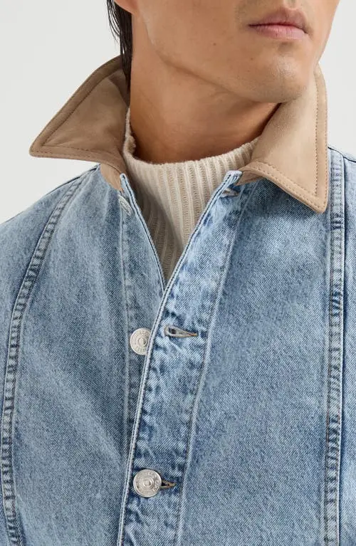 Brunello Cucinelli Denim Outerwear Jacket With Suede Collar