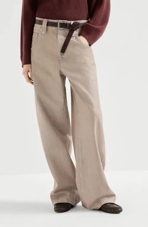 Brunello Cucinelli Beige Lamé Denim Baggy Trousers With Monili - Rope