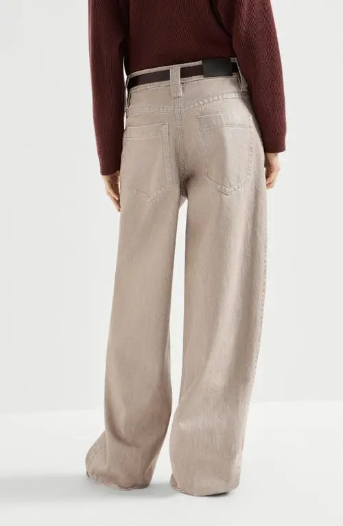 Brunello Cucinelli Beige Lamé Denim Baggy Trousers With Monili - Rope