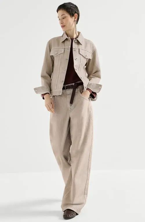 Brunello Cucinelli Beige Lamé Denim Baggy Trousers With Monili - Rope