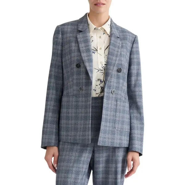 Jones New York Plaid Faux Double Breasted Blazer - Pacific Navy Multi