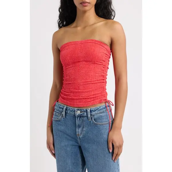 BDG URBAN OUTFITTERS Ruched Tapestry Bandeau Top - Red