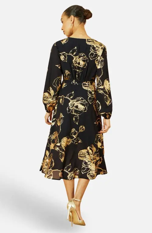 YUMI Foil Rose Print Midi Dress