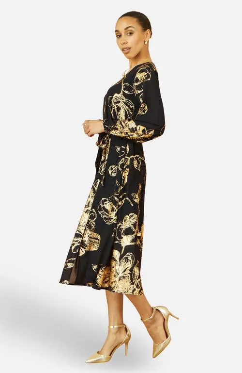 YUMI Foil Rose Print Midi Dress