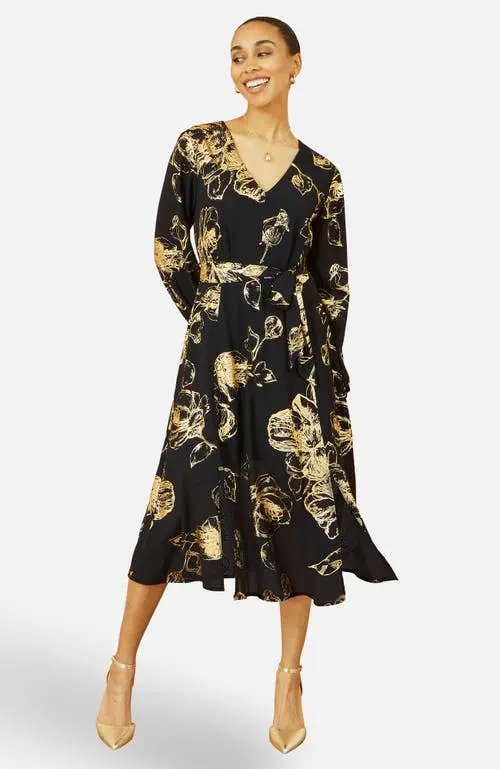 YUMI Foil Rose Print Midi Dress - Black