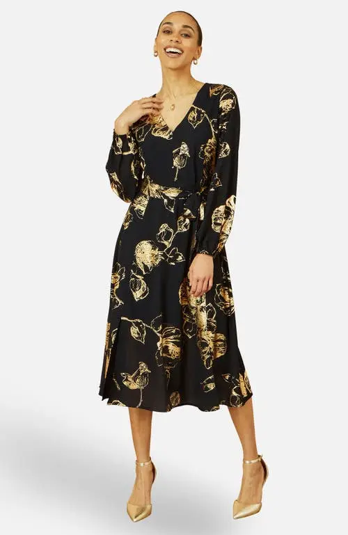 YUMI Foil Rose Print Midi Dress