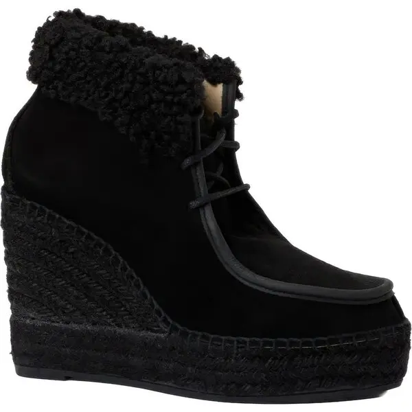 Andre Assous Genuine Shearling & Suede Wedge Bootie - Black Suede