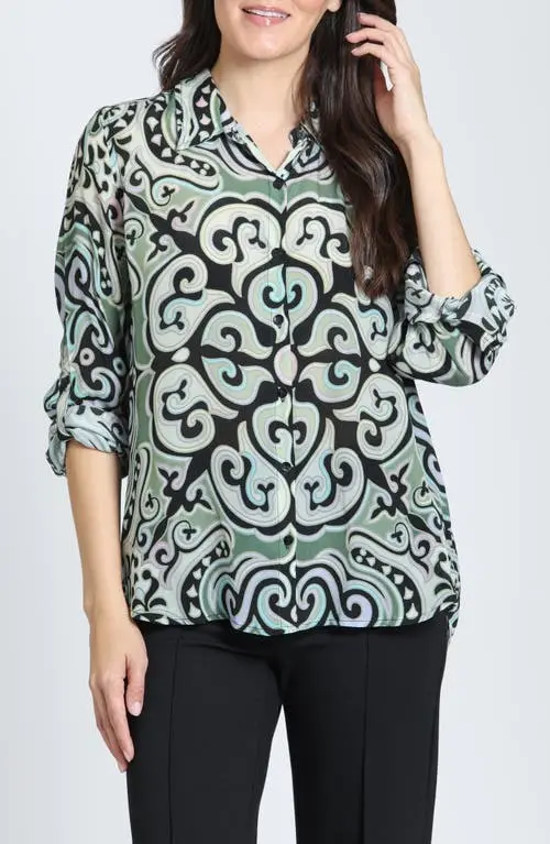 APNY Roll Tab Sleeve Button-up Shirt - Sage Multi
