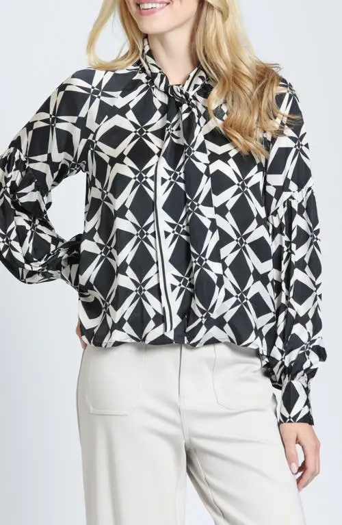 APNY Tie Neck Balloon Sleeve Top - Midnight/ivory