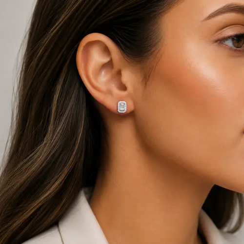 DONATELLO GIAN Sterling Emerald Cut Halo Stud Earrings
