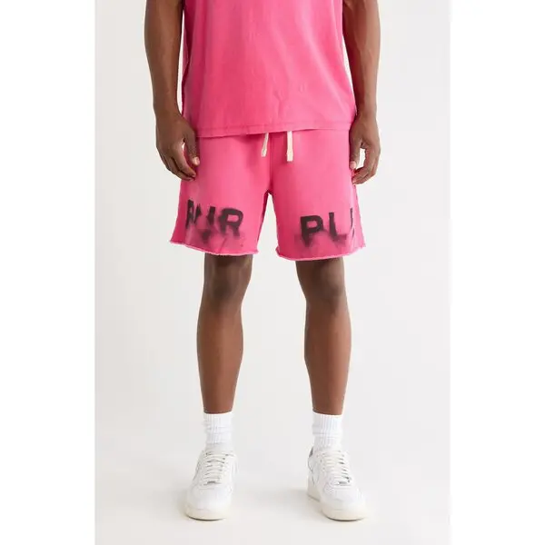 PURPLE BRAND Cotton Fleece Sweat Shorts With Raw Edge Hem And Graphic Logo - Pink