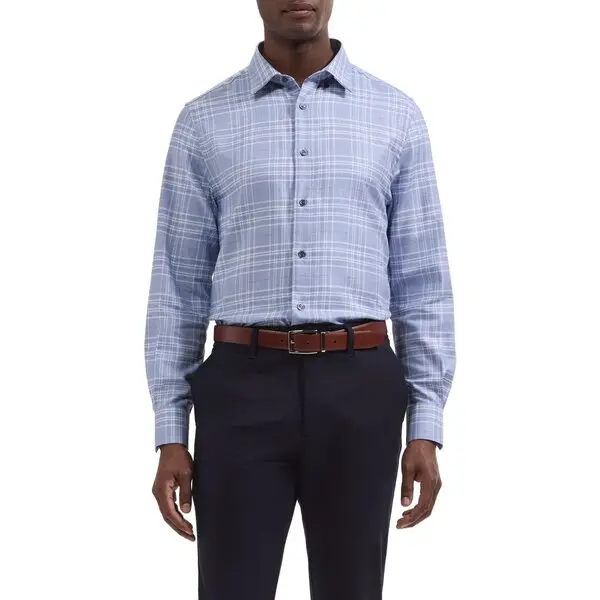 Bugatchi Karl Shaped Plaid Cotton Shirt - Cobalt