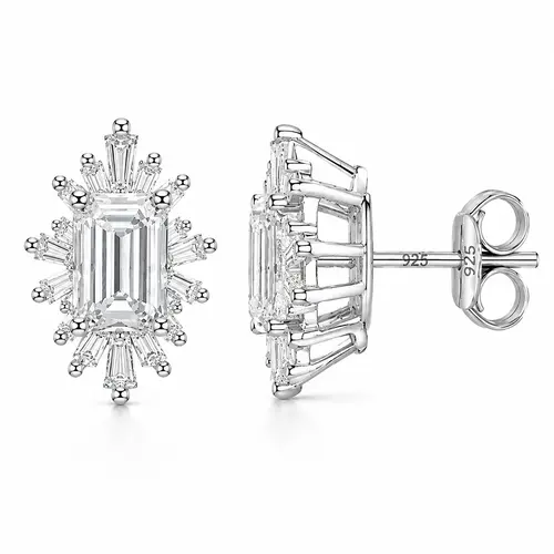 DONATELLO GIAN Sterling Emerald-cut Baguette Halo Stud Earrings - Silver