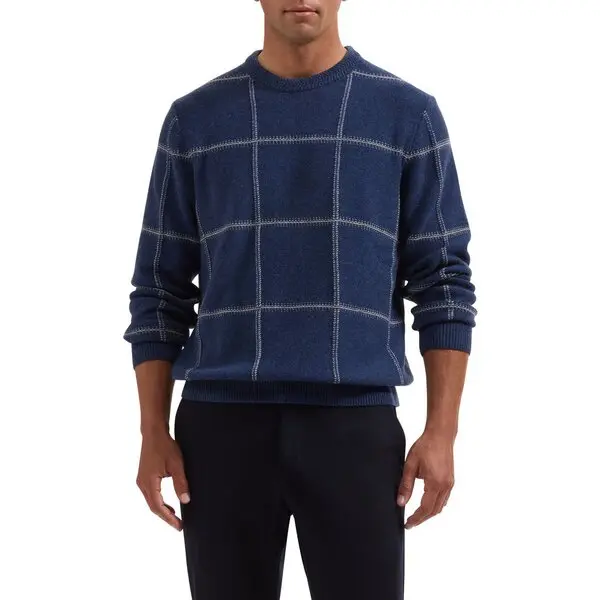 Bugatchi Grid Crewneck Wool & Cotton Sweater