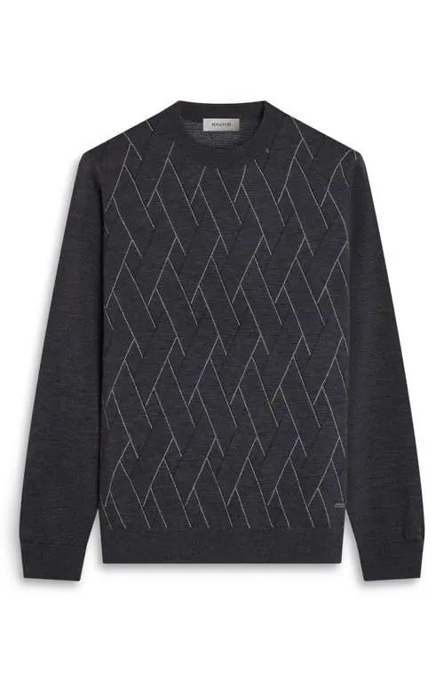 Bugatchi Geometric Extrafine Merino Wool Crewneck Sweater - Anthracite