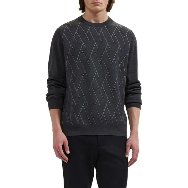 Bugatchi Geometric Extrafine Merino Wool Crewneck Sweater - Anthracite