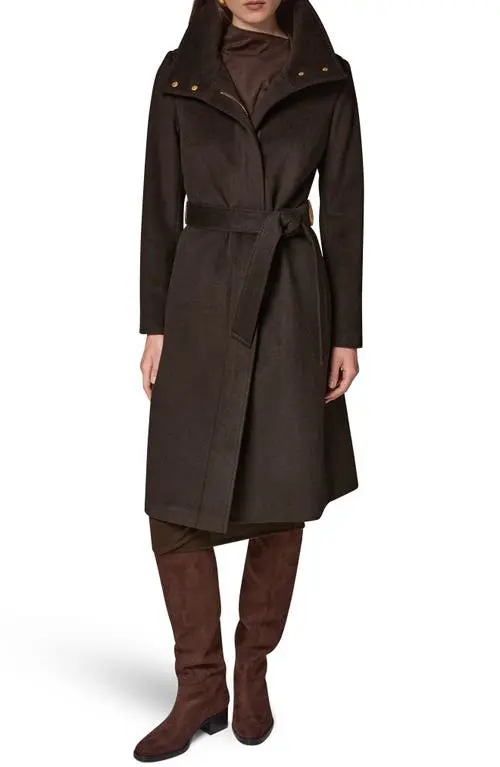 Donna Karan New York Belted Funnel Neck Wool Blend Coat - Chocolate