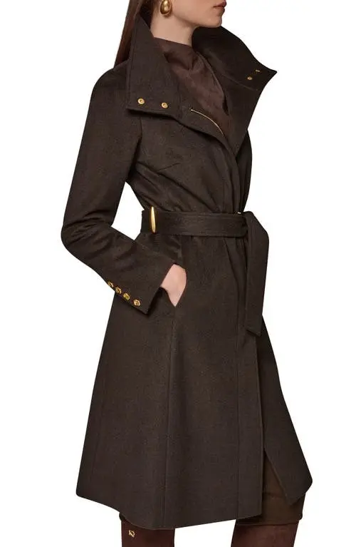 Donna Karan New York Belted Funnel Neck Wool Blend Coat - Chocolate