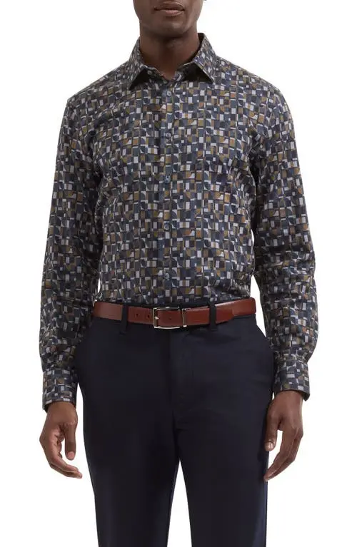 Bugatchi Julian Shaped Geometric Print Cotton Shirt - Ink