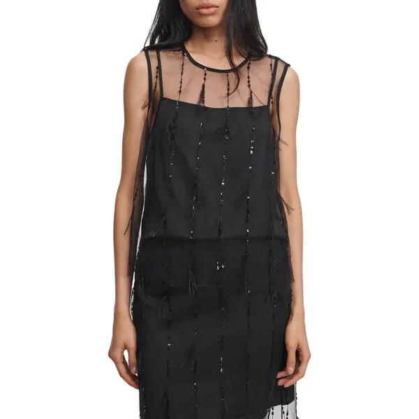 Rag & Bone Geena Sequin Ostrich Feather Tank - Black