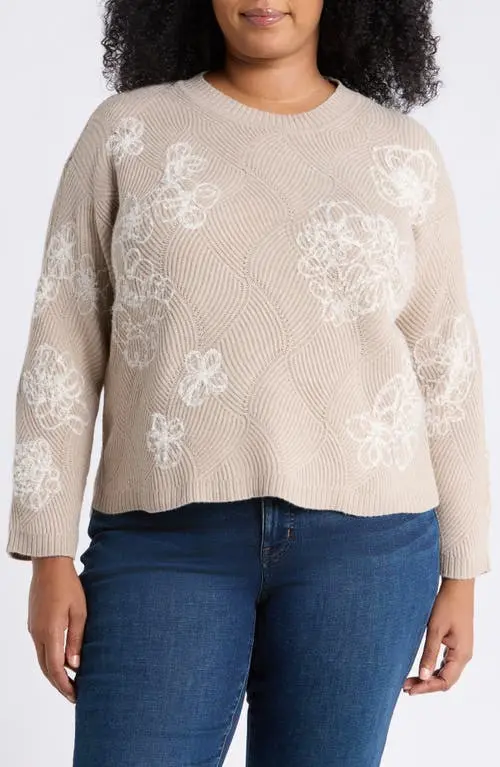 Vince Camuto Embroidered Floral Crewneck Sweater - Dusty Walnut