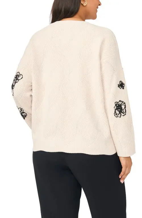 Vince Camuto Embroidered Floral Crewneck Sweater - Sugar Heather