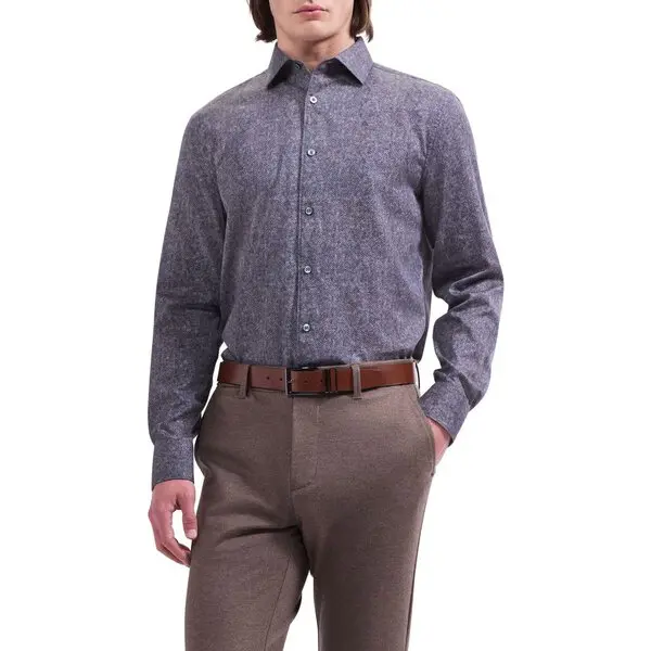 Bugatchi Alvin Shaped Fit Herringbone Cotton Shirt - Anthracite