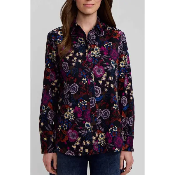 Foxcroft Meghan Floral Print Cotton Button-up Shirt - Black/multi