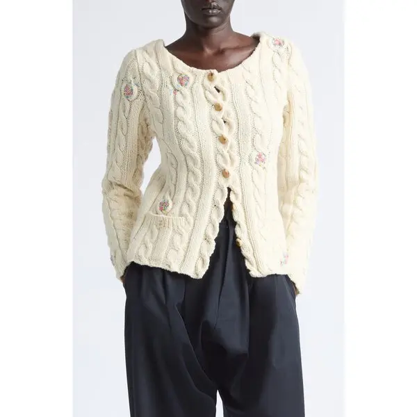 PILLINGS BY RYOTA MURAKAMI Blooming Floral Embroidered Cable Cardigan - White
