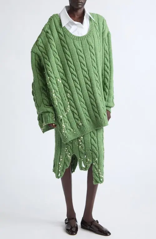 PILLINGS BY RYOTA MURAKAMI Distressed Wool Blend Cable Stitch Sweater Skirt