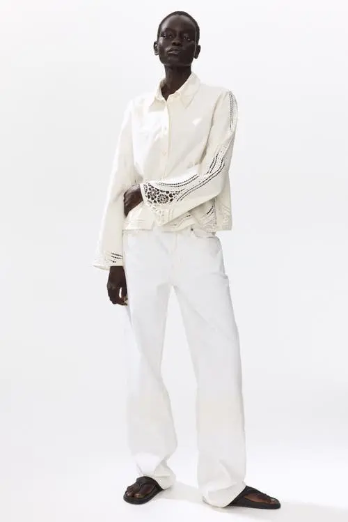 H&M Cotton Jacket With Eyelet Embroidery - Cream