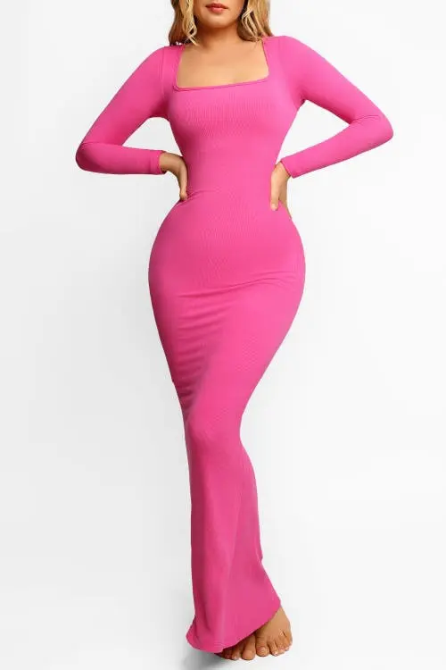 POPILUSH Shapewear Square Neck Long Sleeve Slimming Modal Maxi Dress - Blush