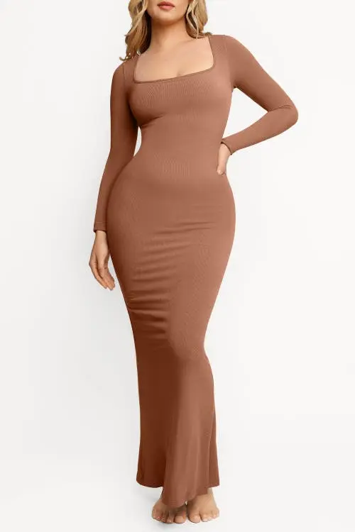 POPILUSH Shapewear Square Neck Long Sleeve Slimming Modal Maxi Dress - Chocolate