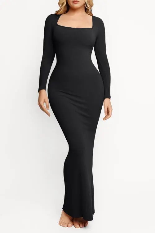 POPILUSH Shapewear Square Neck Long Sleeve Slimming Modal Maxi Dress - Jet