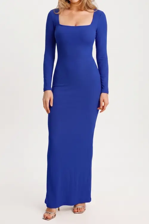 POPILUSH Shapewear Square Neck Long Sleeve Slimming Modal Maxi Dress - Royal