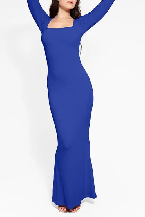 POPILUSH Shapewear Square Neck Long Sleeve Slimming Modal Maxi Dress - Royal