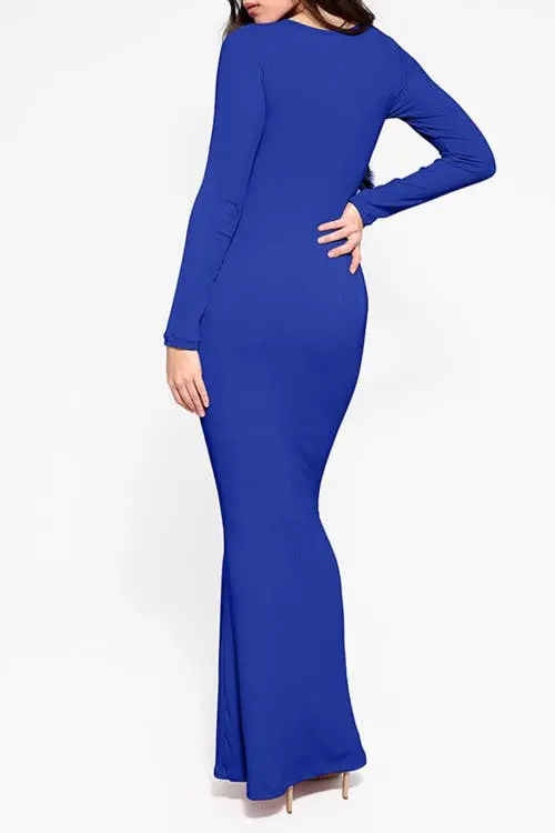 POPILUSH Shapewear Square Neck Long Sleeve Slimming Modal Maxi Dress - Royal