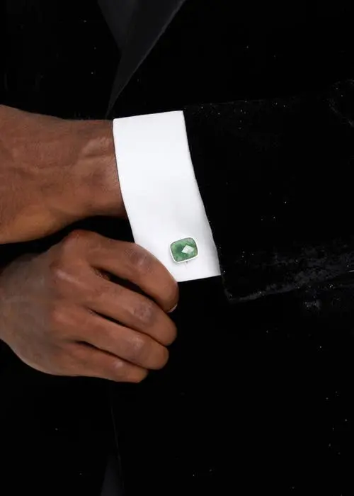 JAN LESLIE Faceted Emerald Sterling Cufflinks & Stud Set